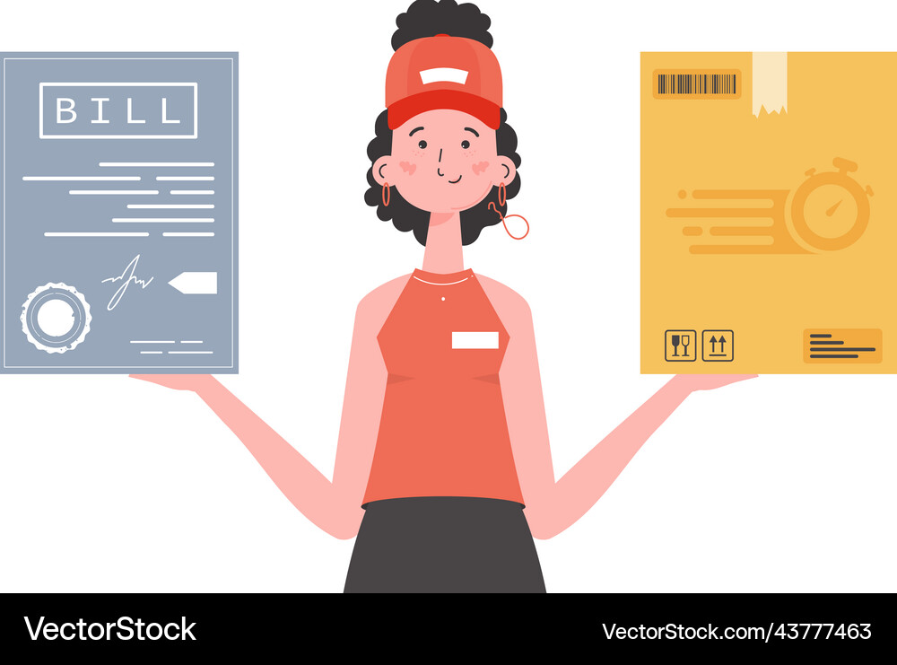 A woman courier is holding box and check Vector Image