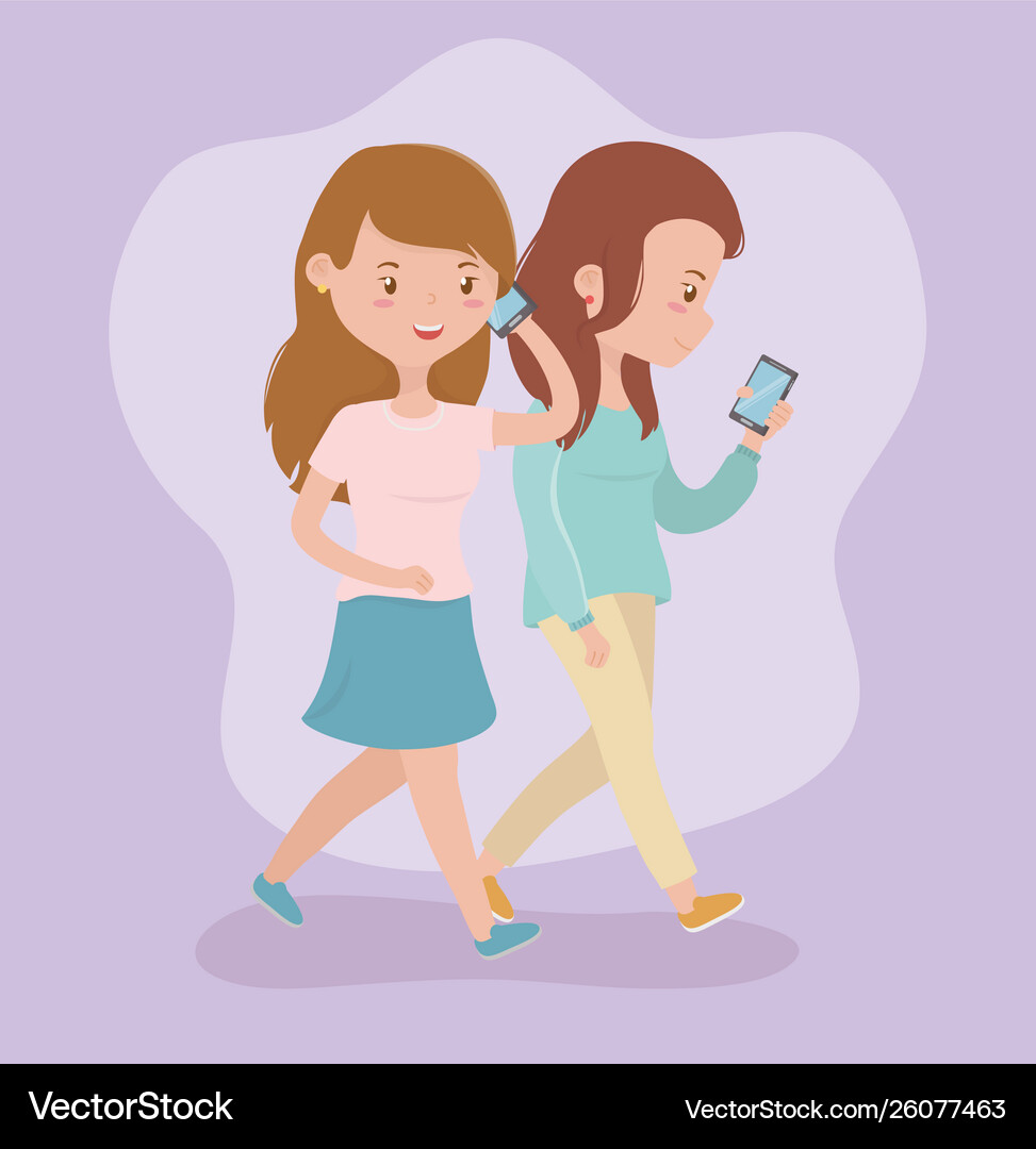 Beautiful women walking using smartphones Vector Image