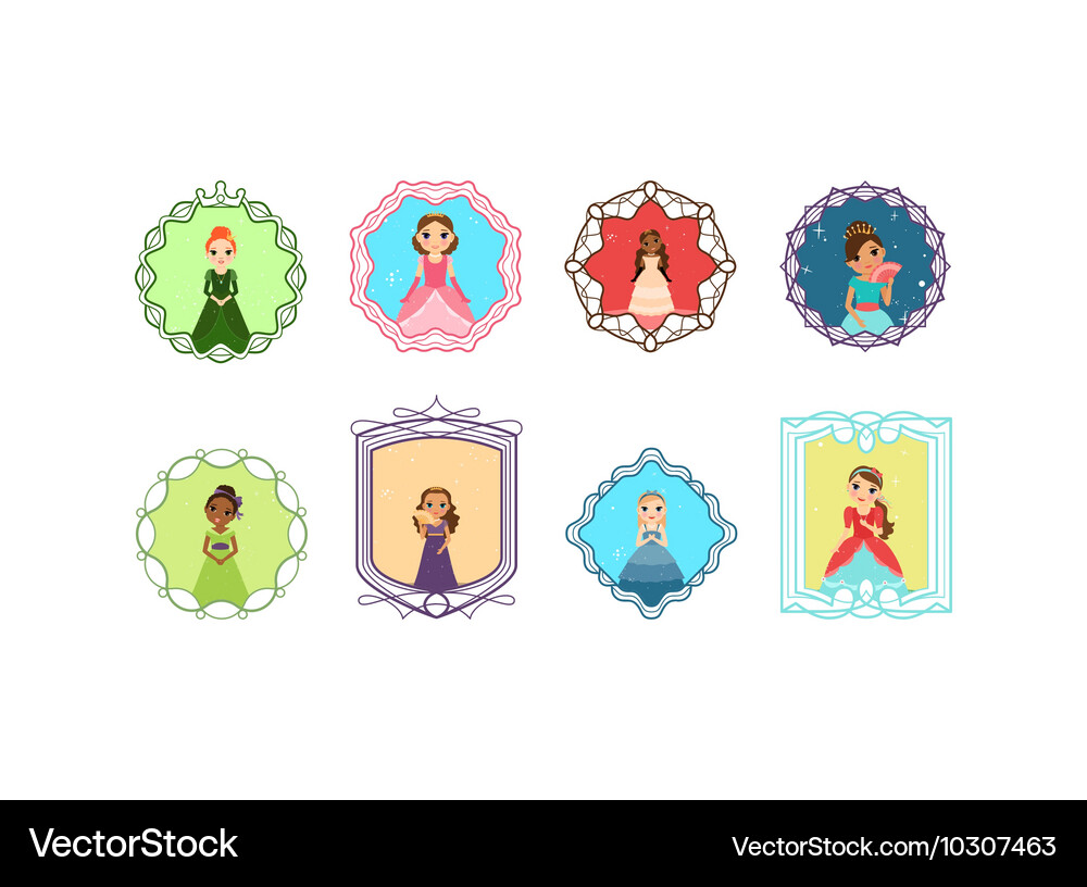 Cartoon princess set with frames Royalty Free Vector Image