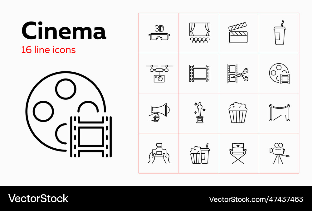 Cinema line icon set 3d glasses popcorn clapper Vector Image