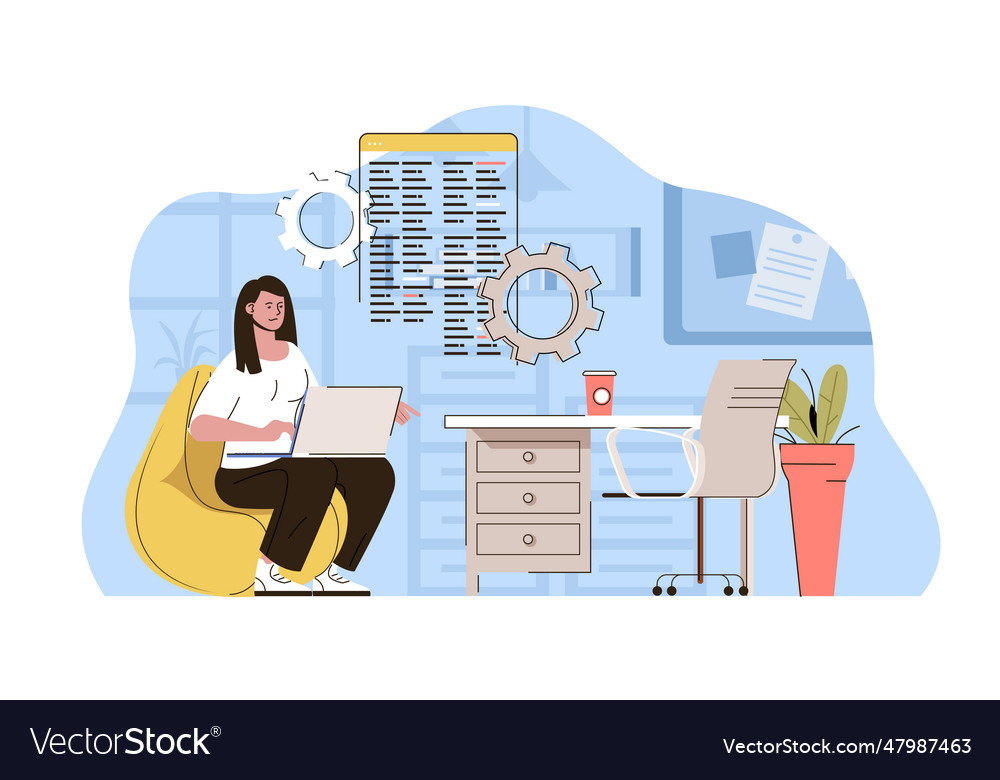 Creative workspace concept woman developer Vector Image Creative workspace concept woman developer Vector Image