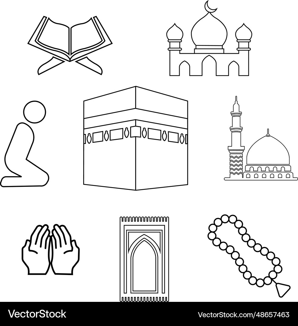 Islamic religion prayer line icon set isolated Vector Image