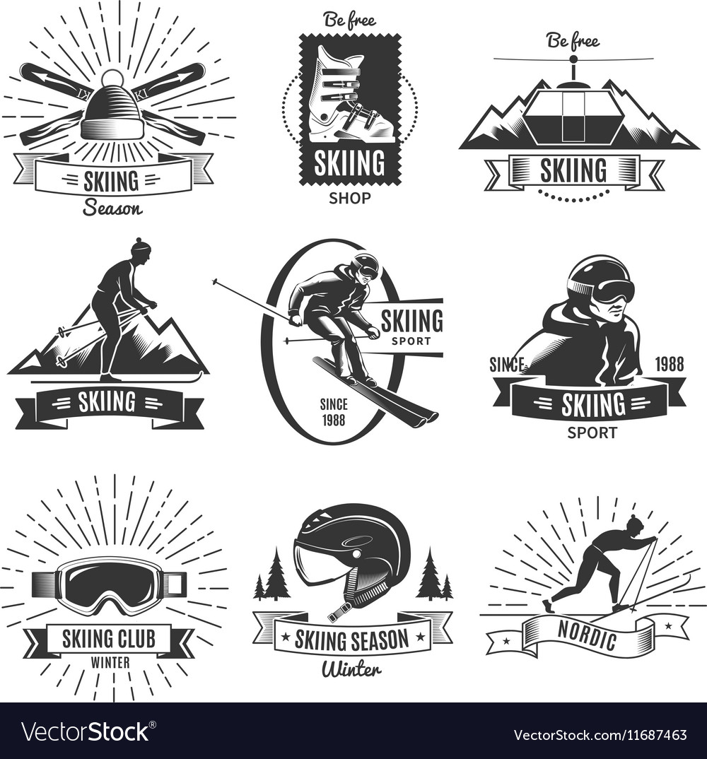 Skiing vintage labels set Royalty Free Vector Image