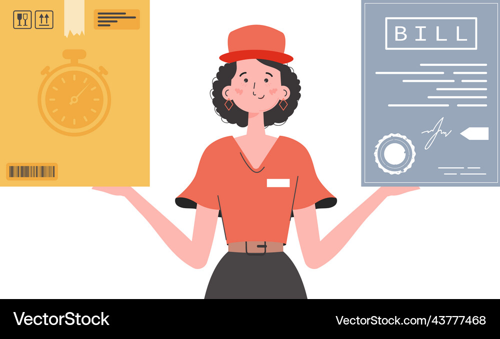 A woman courier is holding parcel and check Vector Image