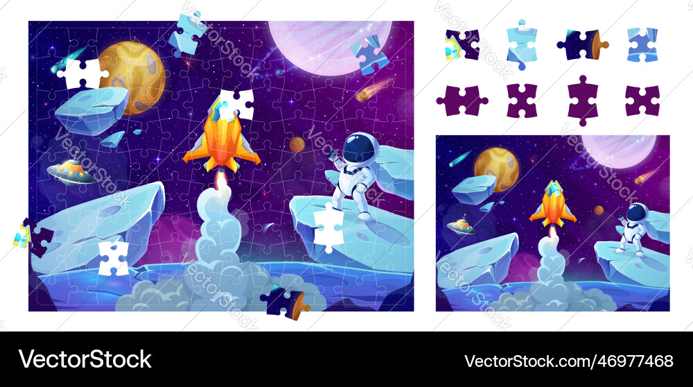 Jigsaw puzzle space game astronaut and spaceship Vector Image