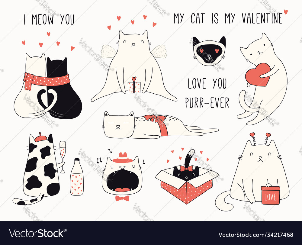 Set valentine cats doodles Royalty Free Vector Image