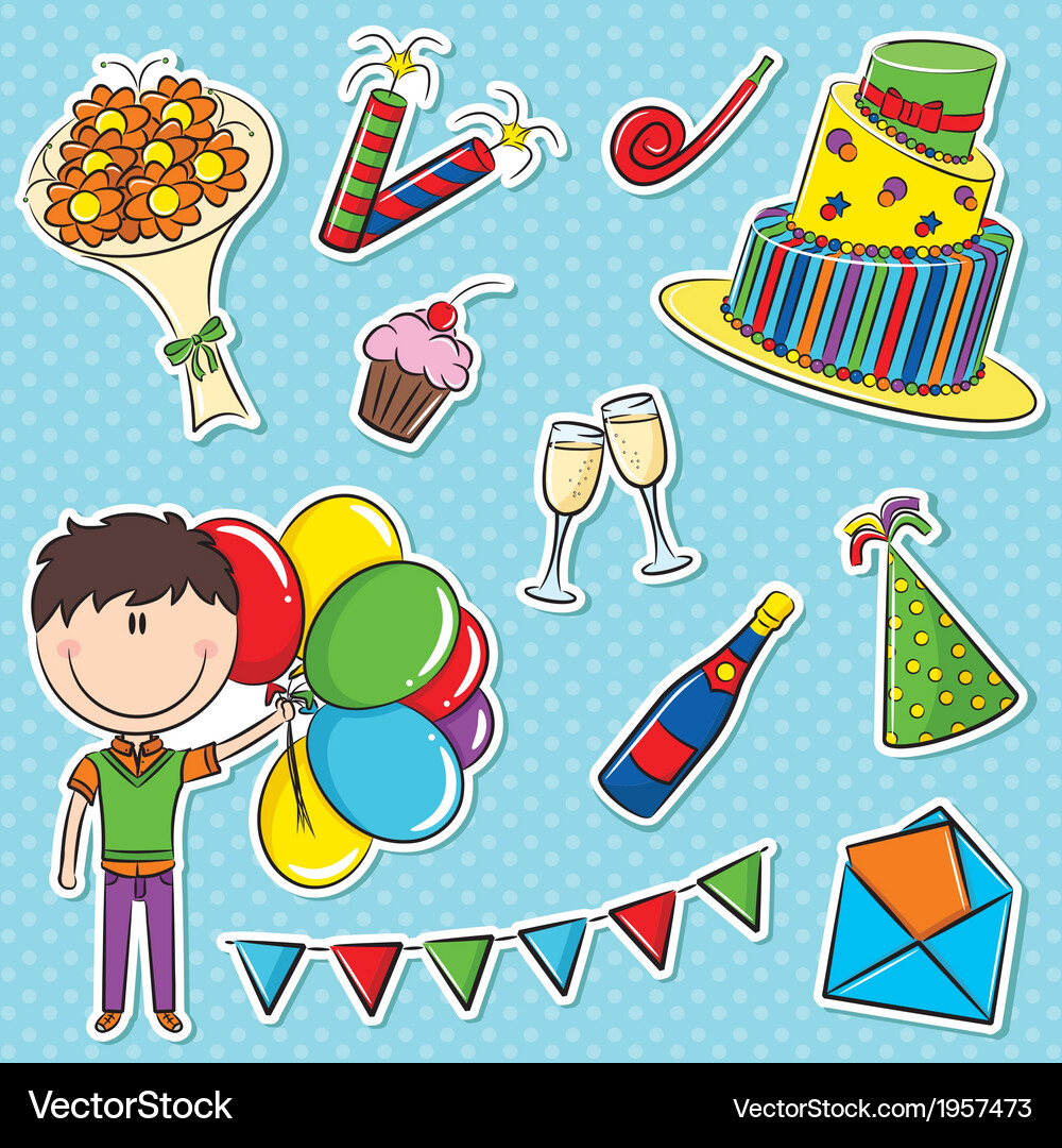 Boy with color balloons and birthday elements Vector Image