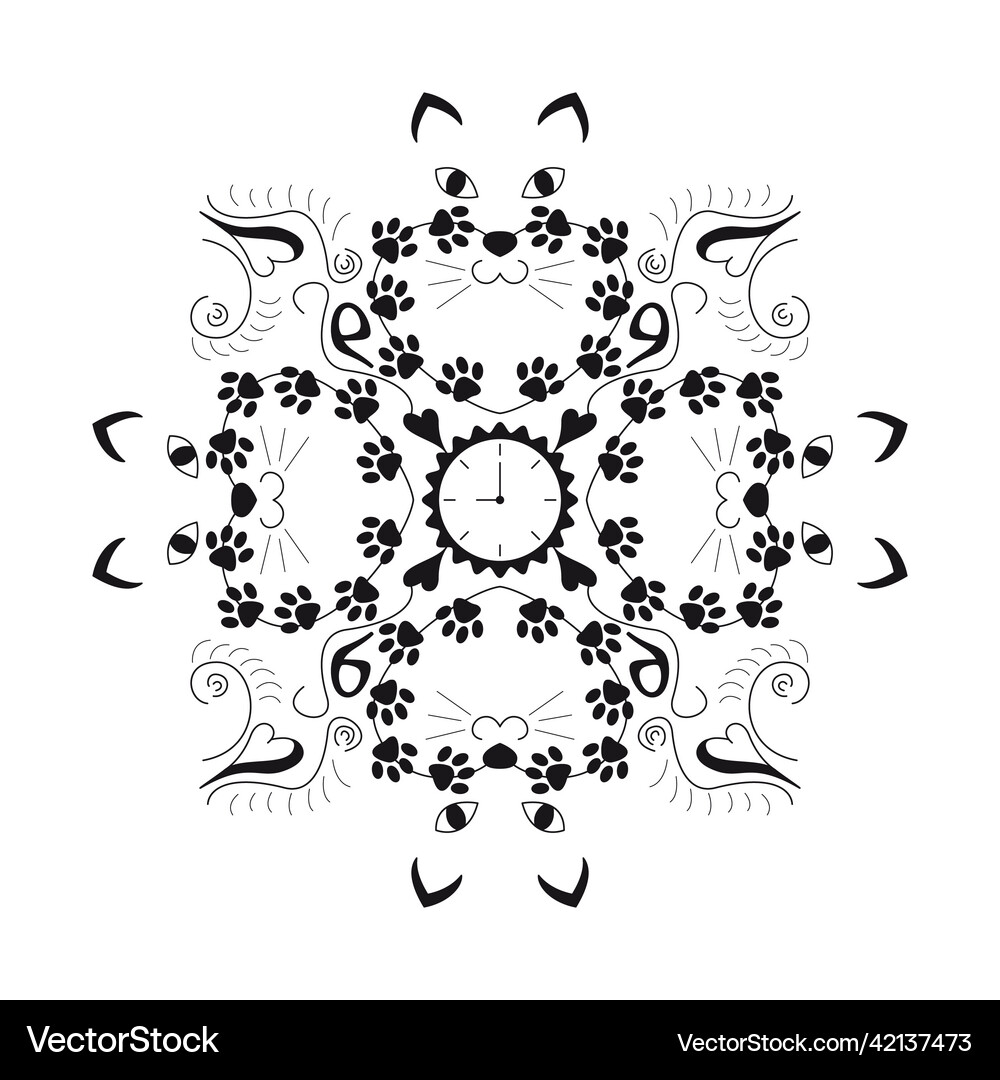 Original cat heads around a clock with cat paws Vector Image