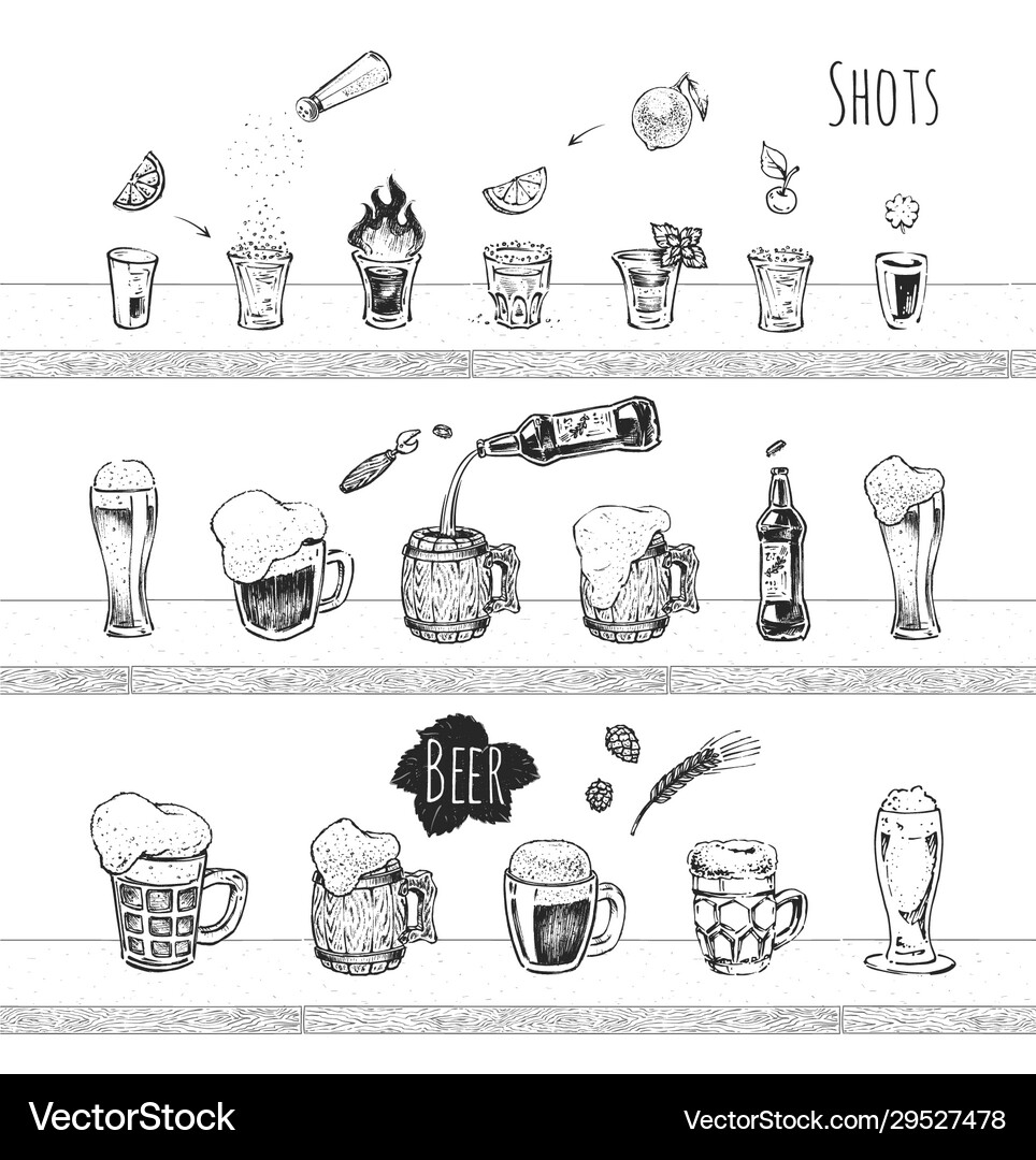 Bar menu design icons beer and shots Royalty Free Vector