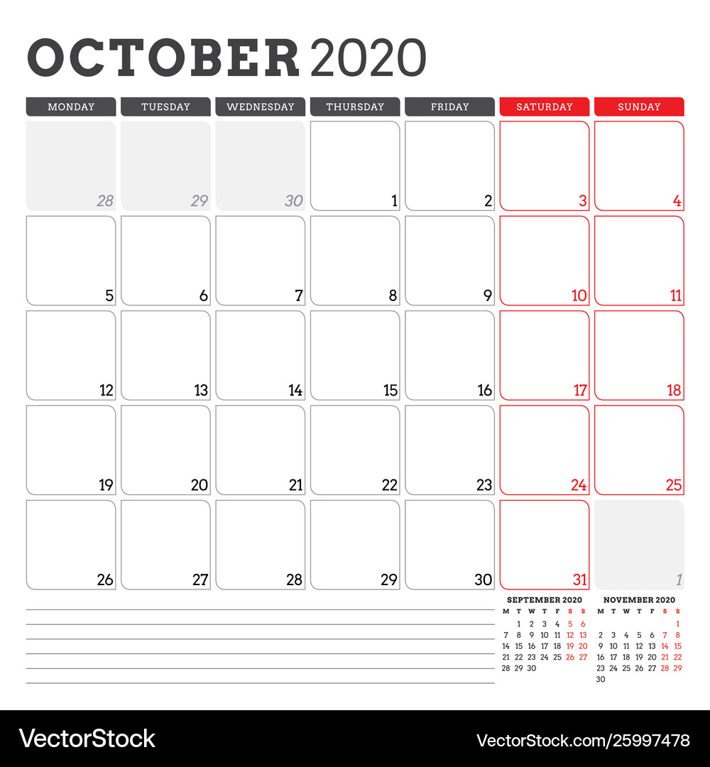 Calendar planner for october 2020 week starts Vector Image