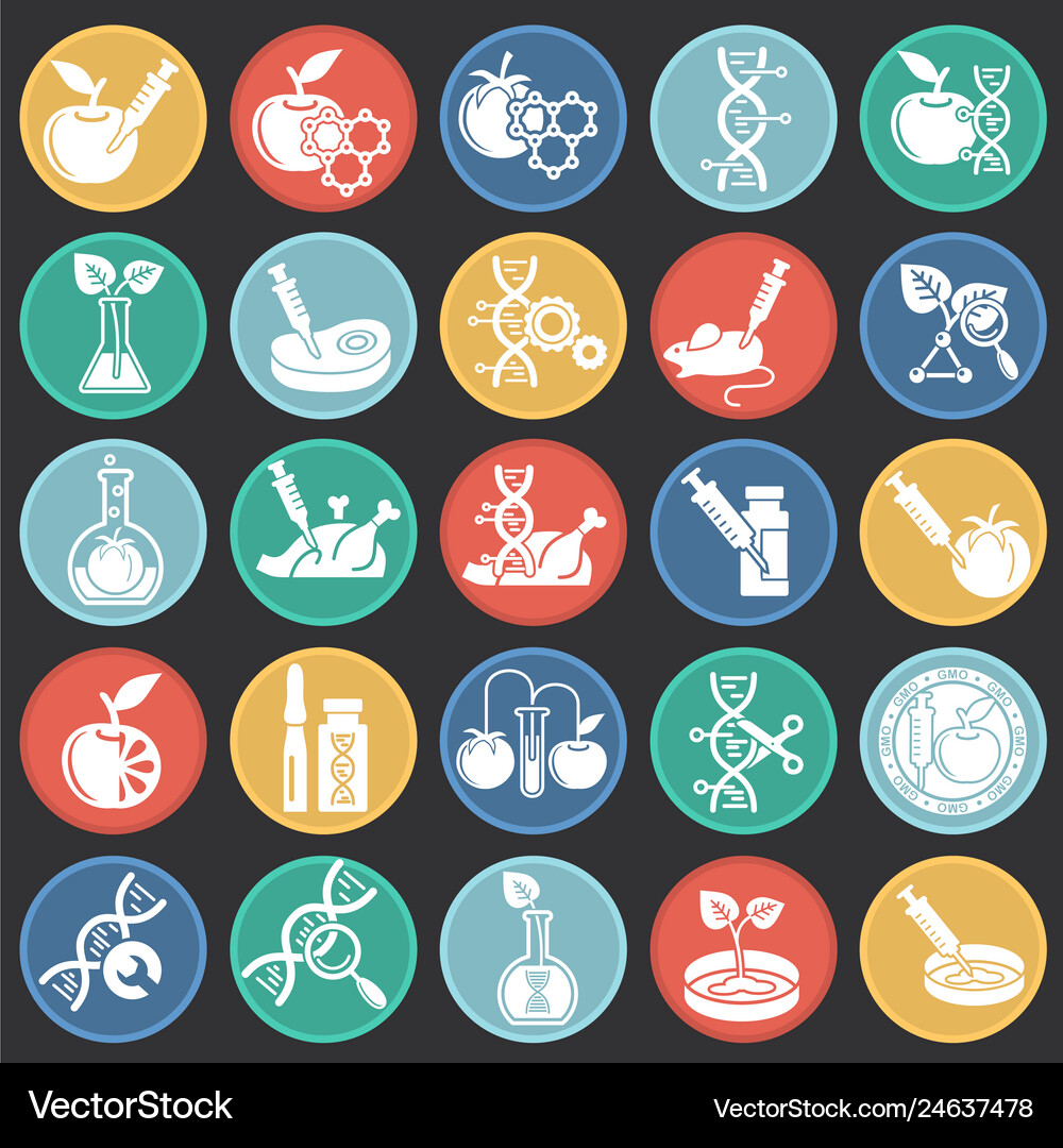 Gmo icons set on color circles black background Vector Image