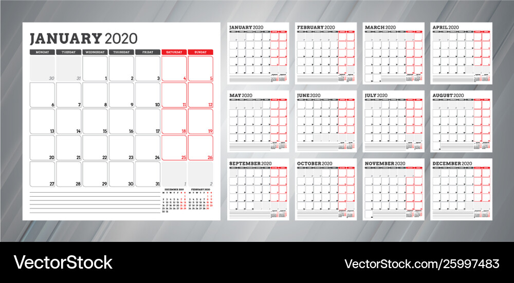 Calendar planner for 2020 year week starts Vector Image