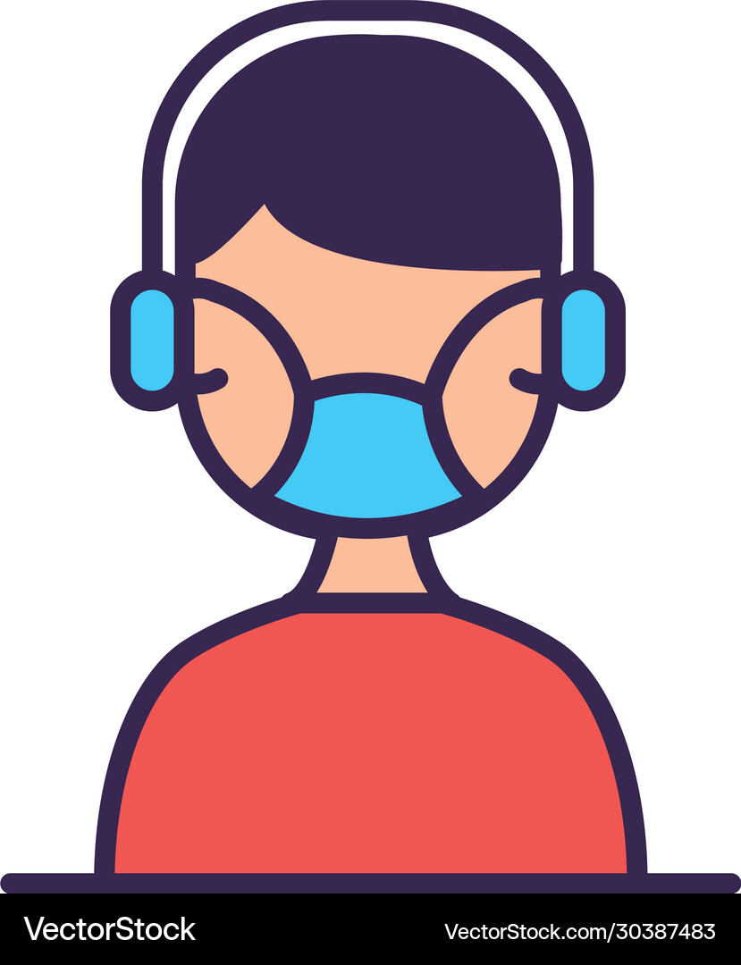 Call center worker with headset and face mask line