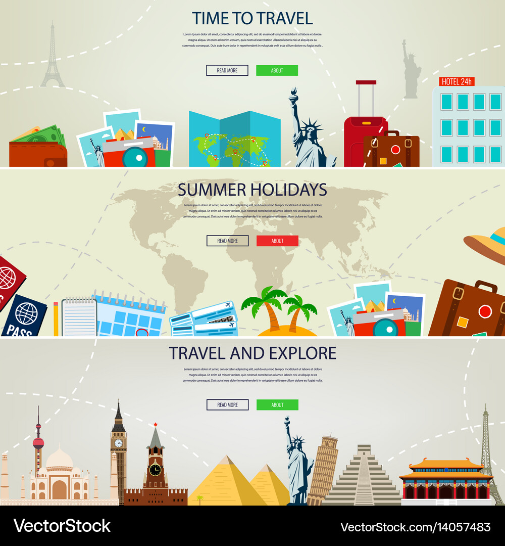 Three travel and tourism headers banners summer Vector Image