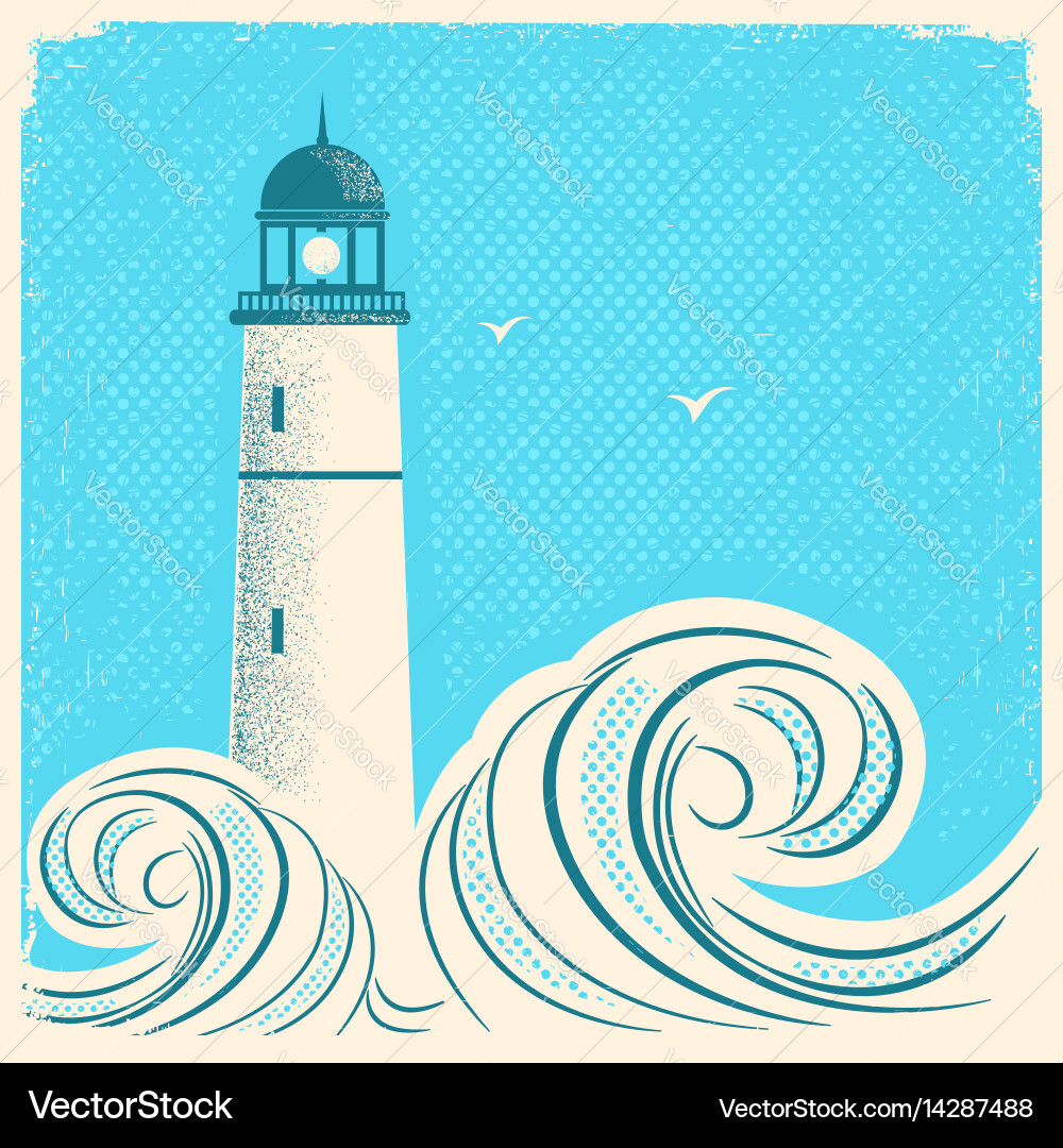 Lighthouse blue poster seascape image on old paper