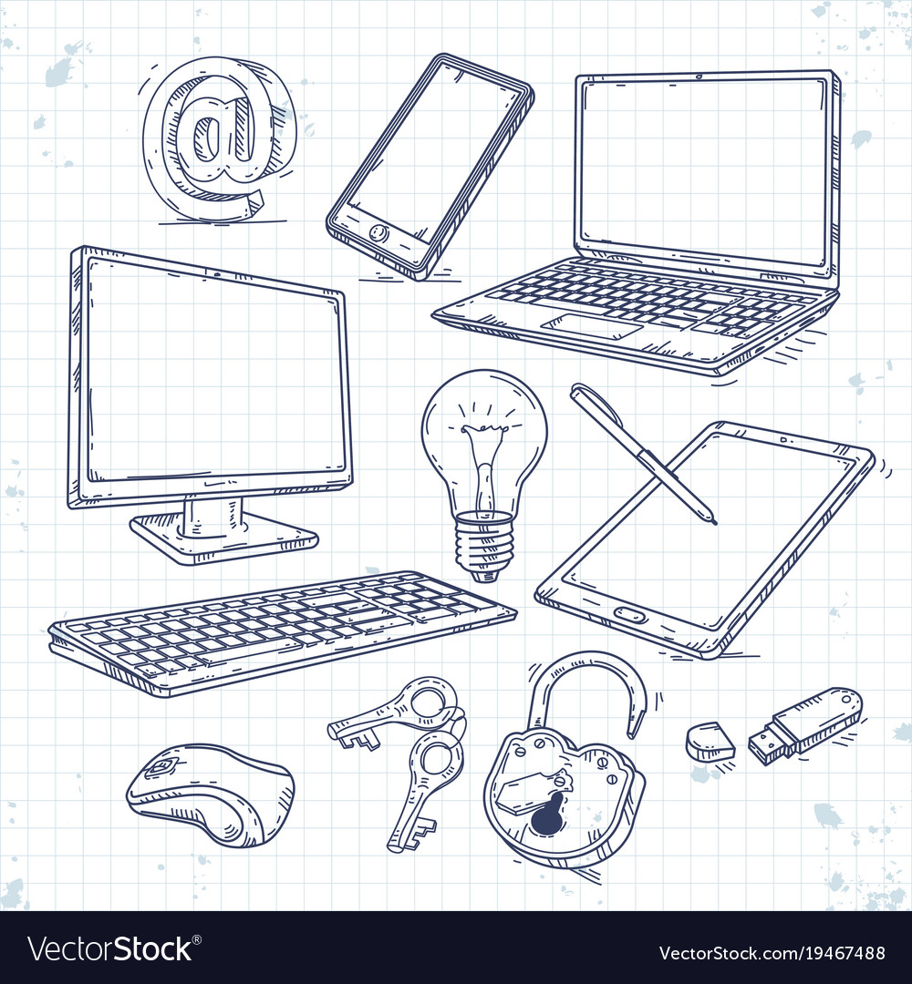 Set hand drawn icons computer technology Vector Image