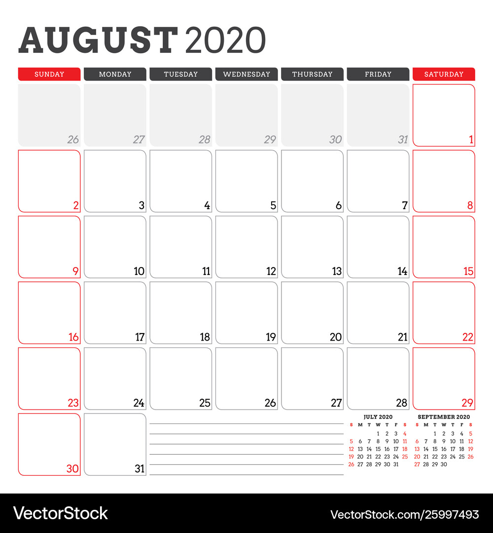 Calendar planner for august 2020 week starts Vector Image