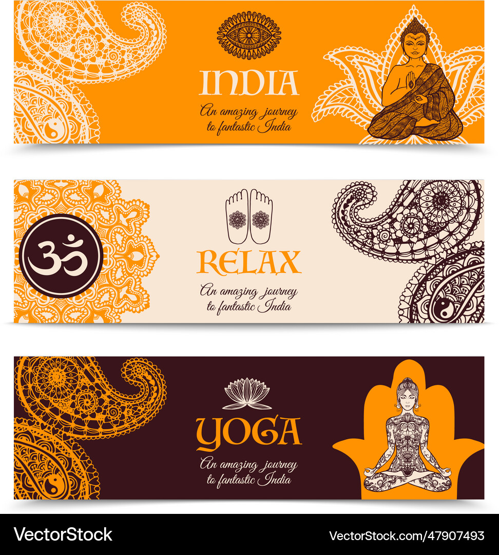 India culture 3 horizontal banners set Royalty Free Vector