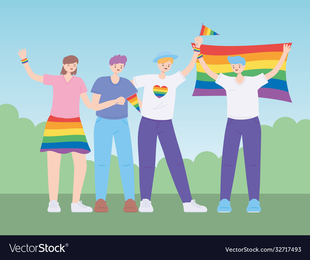 Lgbtq community people hug holding a rainbow flag Vector Image