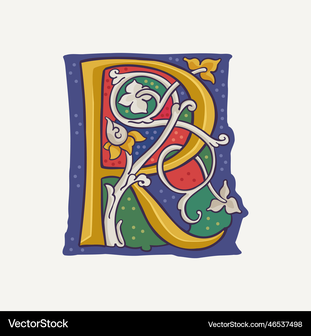 R letter drop cap logo with interlaced vine and Vector Image