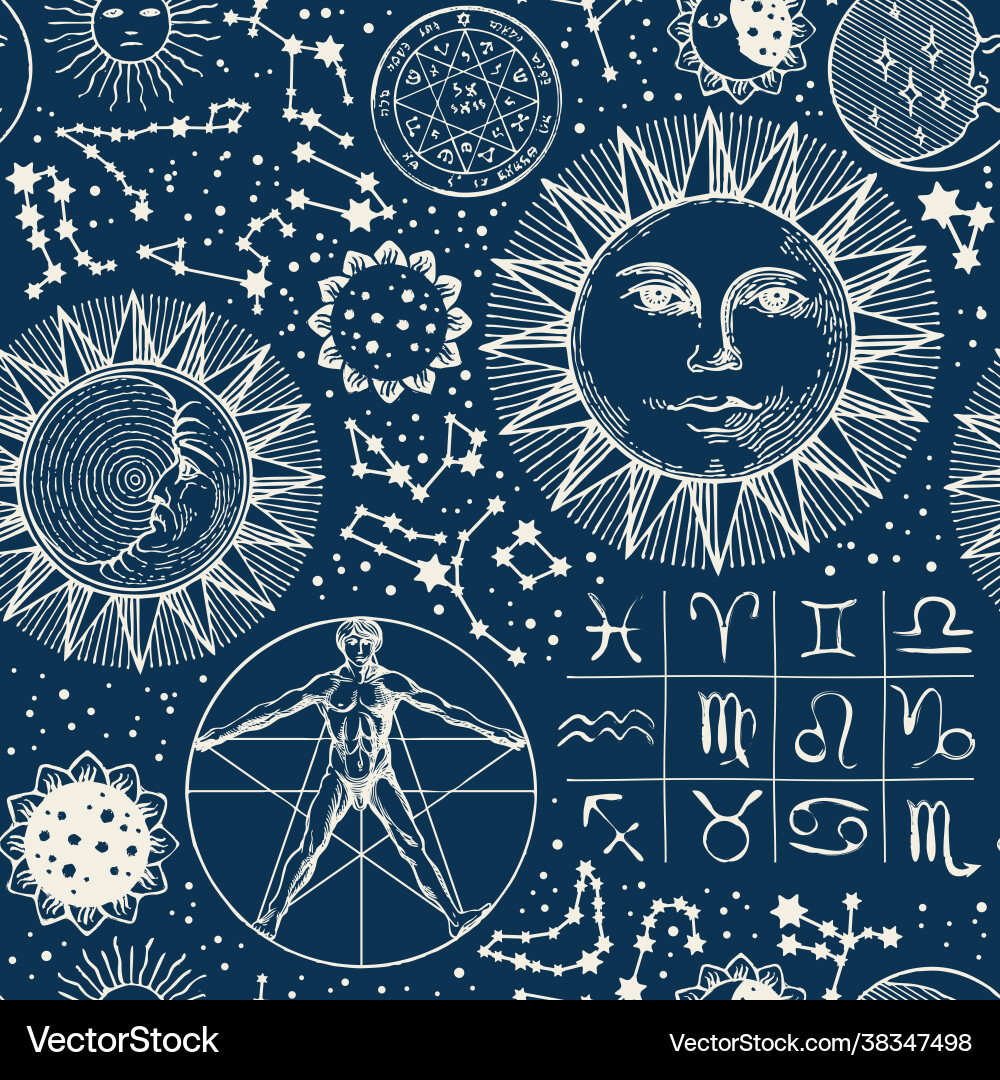 Seamless pattern with sun moon and zodiac signs Vector Image