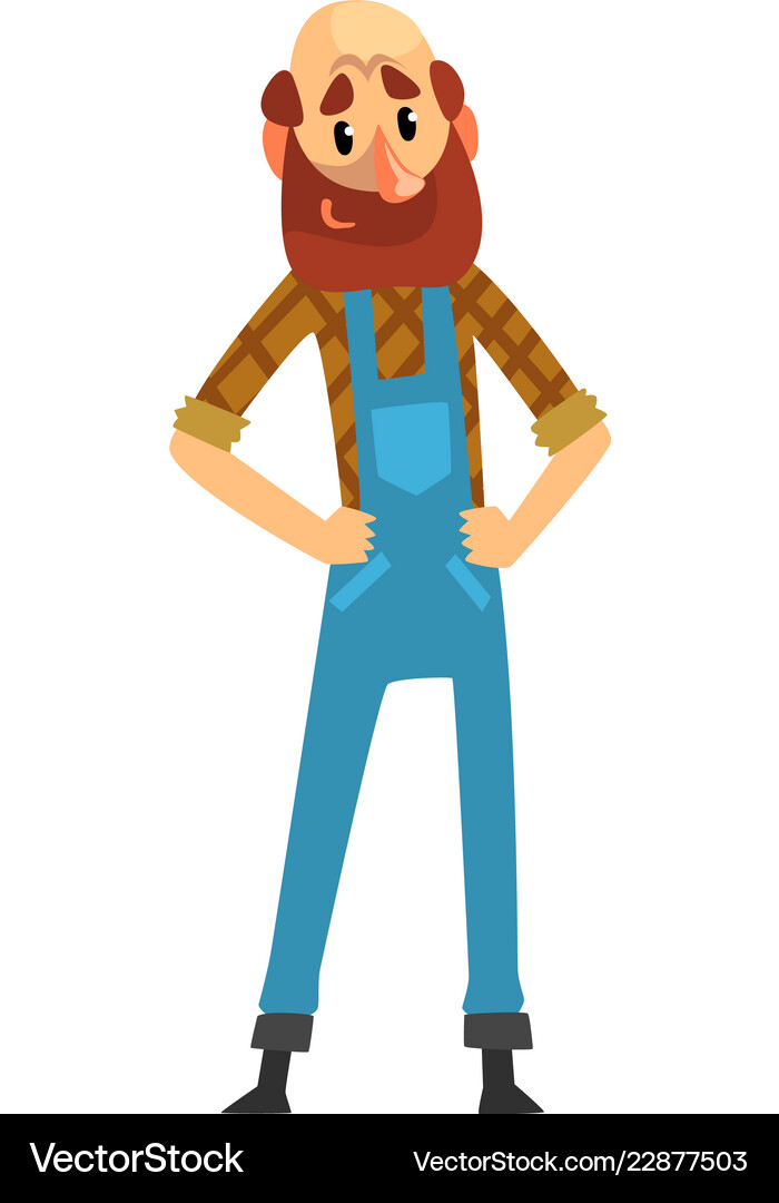 Bearded farmer character in overalls cheerful Vector Image