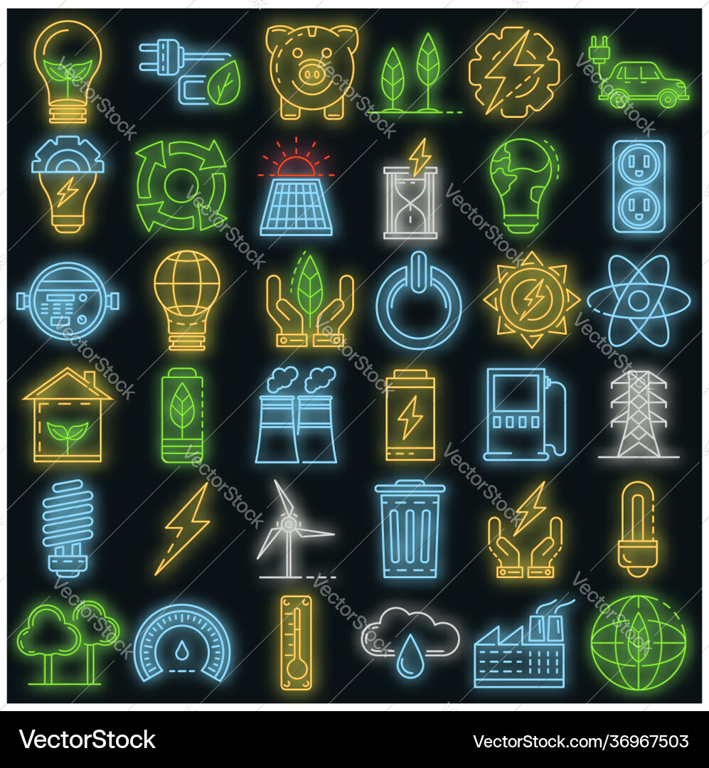 Energy saving icon set neon Royalty Free Vector Image
