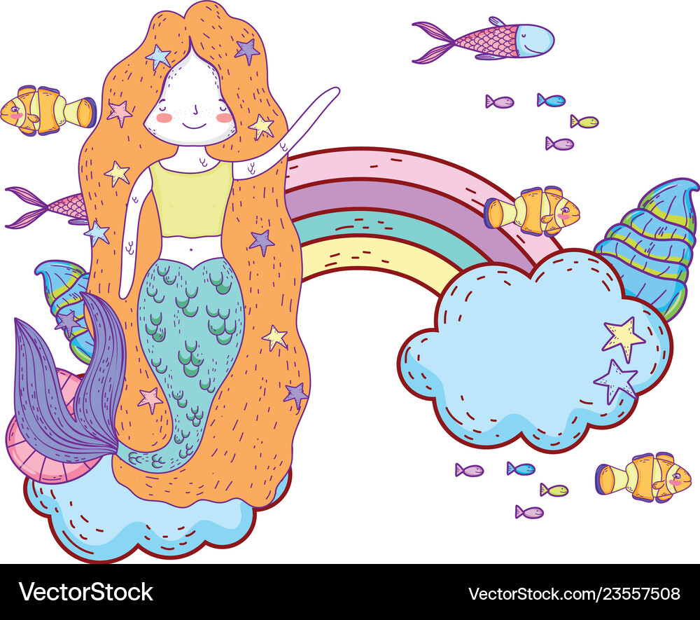 Cute mermaid with clouds and rainbow Royalty Free Vector