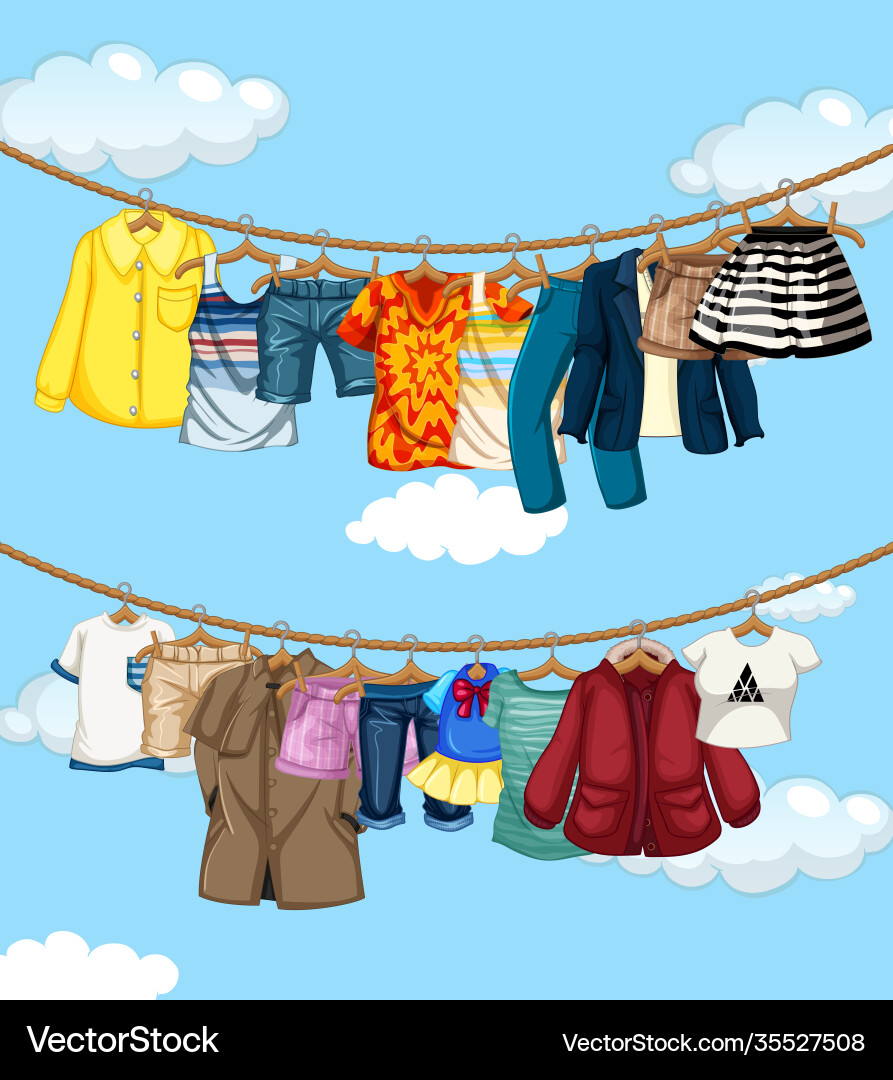 Many clothes hanging on a line on blue sky Vector Image