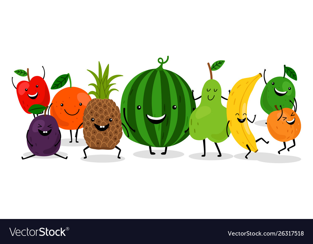 Cute kawaii fruits characters set happy Royalty Free Vector