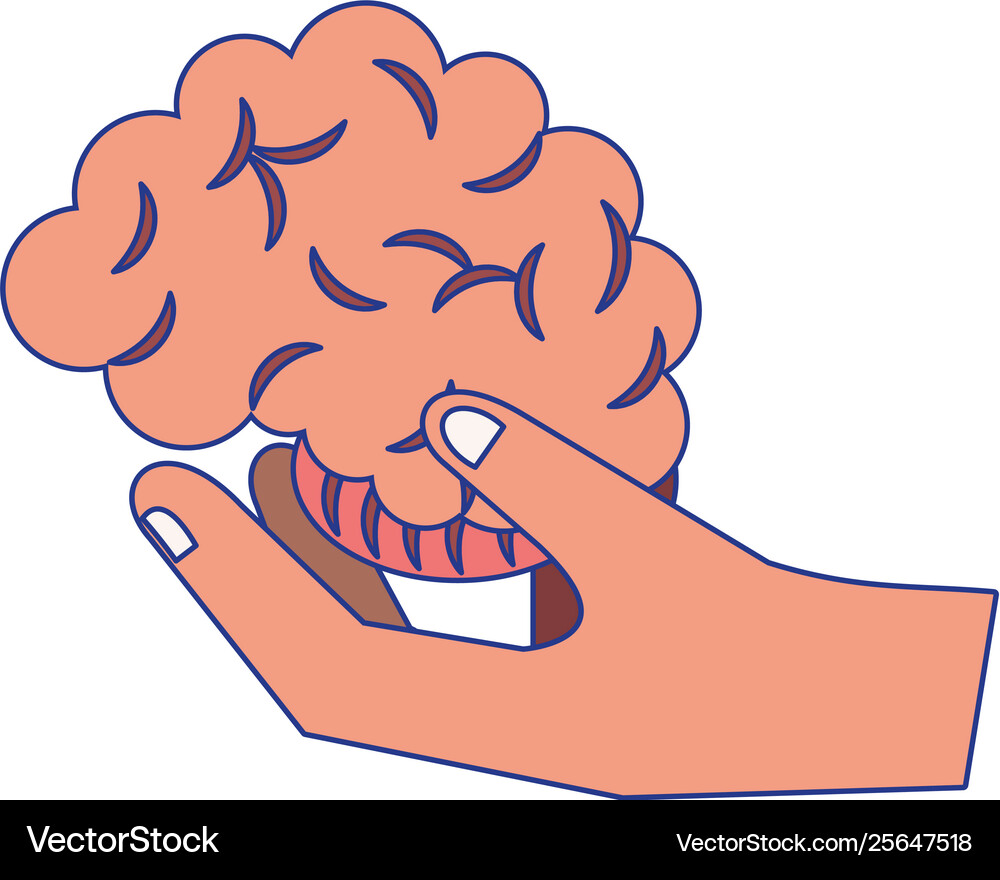 Hand holding human brain symbol isolated blue Vector Image