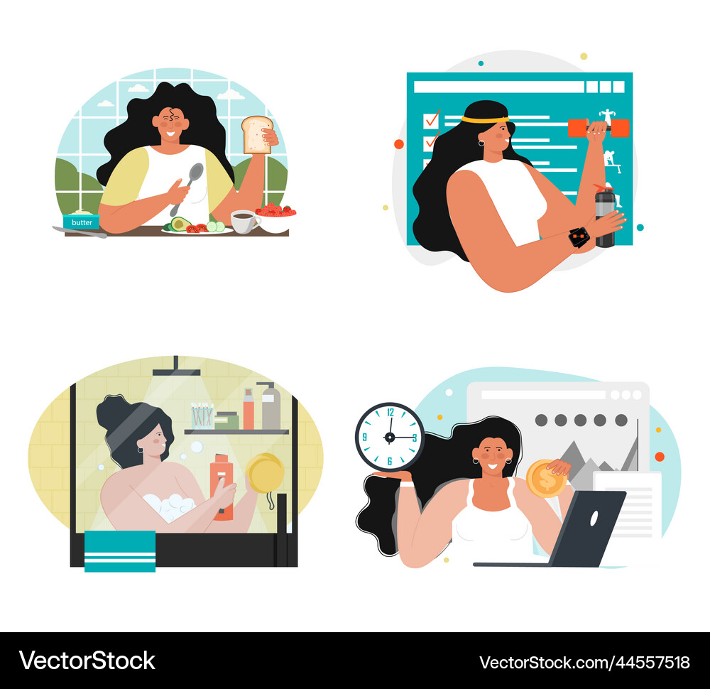 Woman daily routine scene isolated set Royalty Free Vector