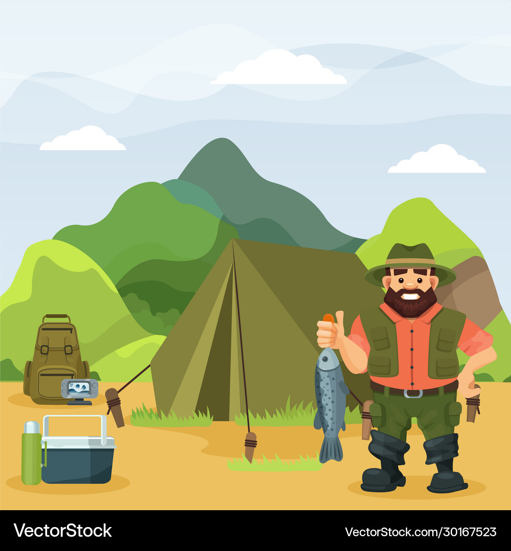 Fisherman holds caught fish on nature Royalty Free Vector