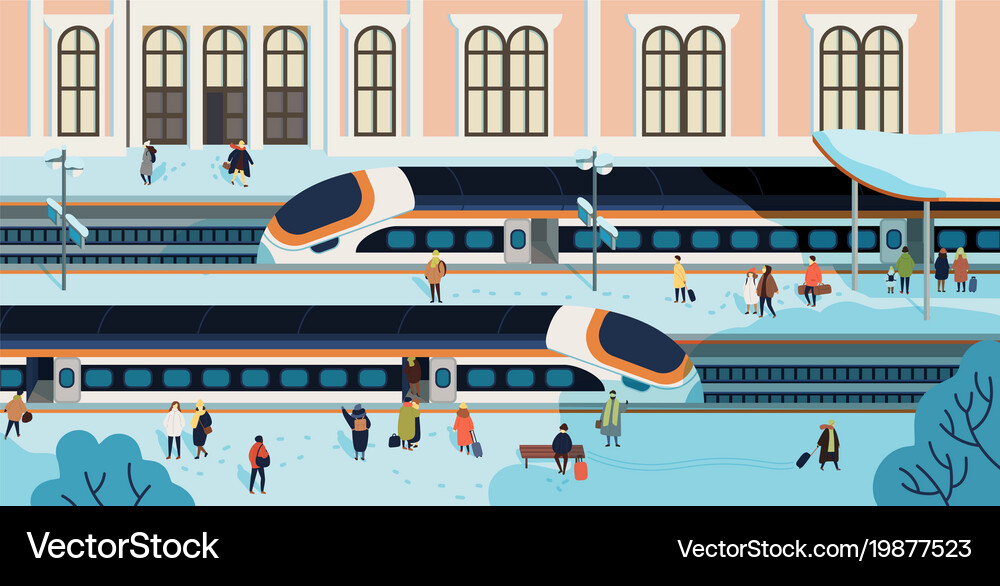 Trains stopped against railway station building Vector Image