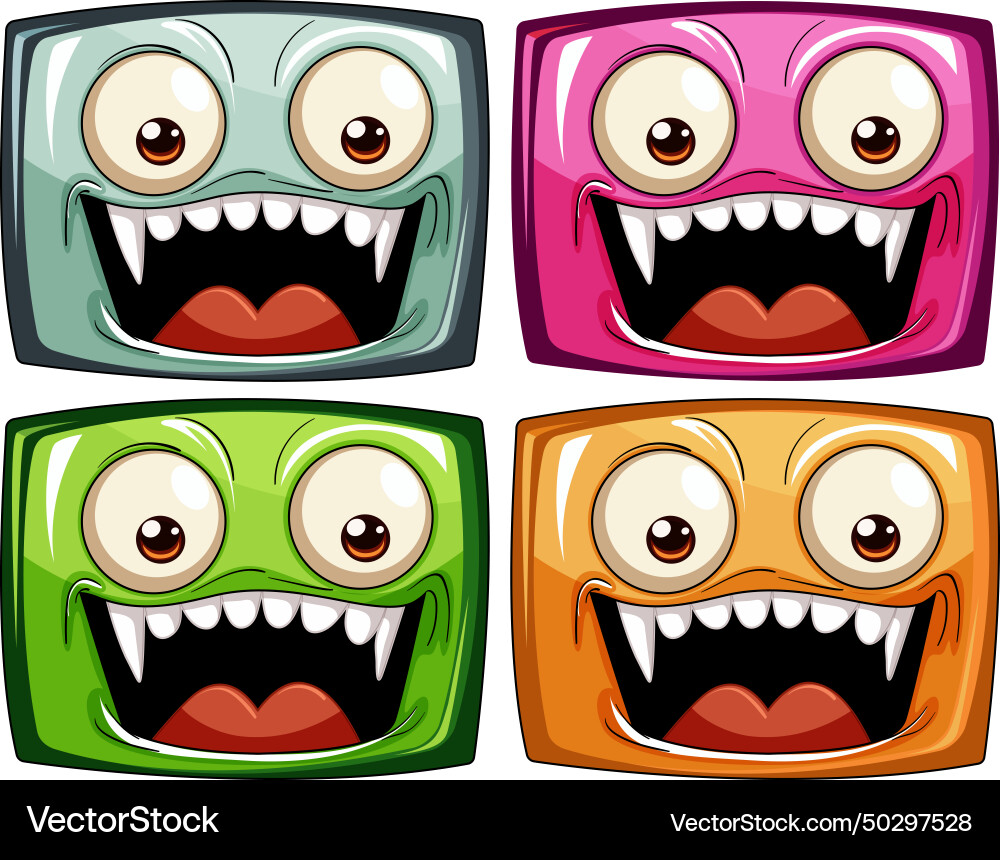 Four vibrant cartoon monster faces Royalty Free Vector Image