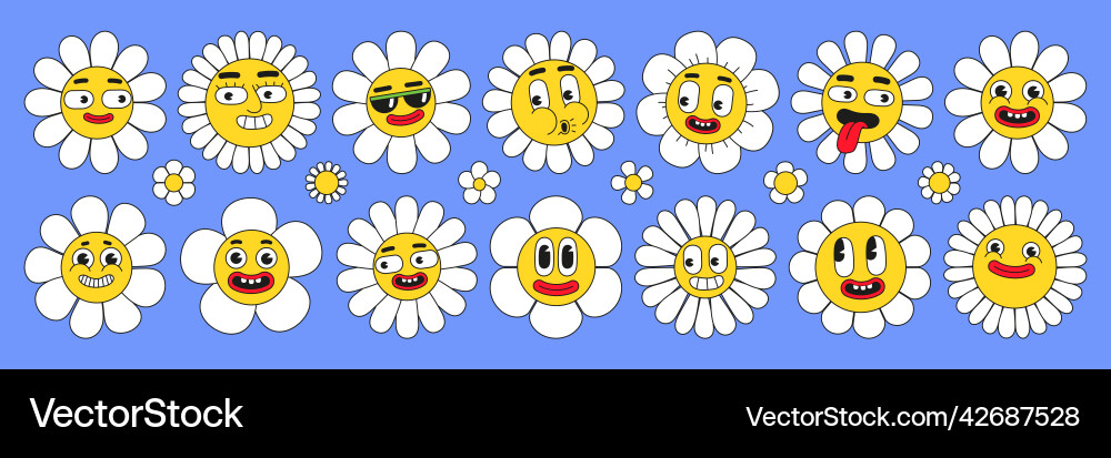 Groovy flower characters funny daisy with smiley Vector Image
