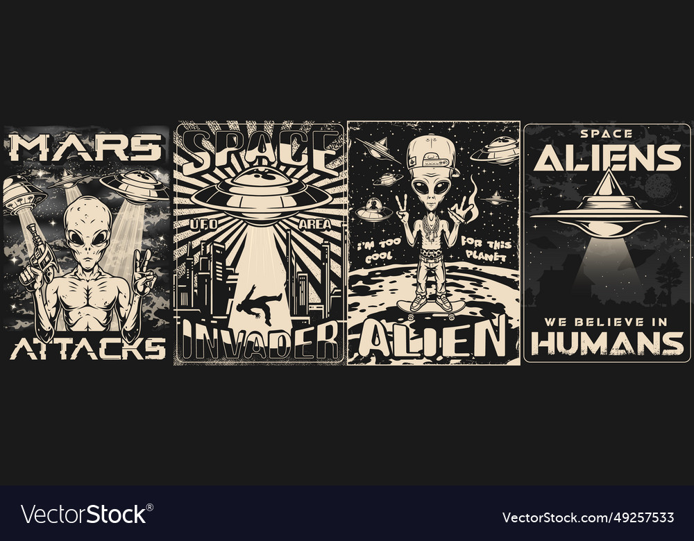 Mars attacks set monochrome posters Royalty Free Vector