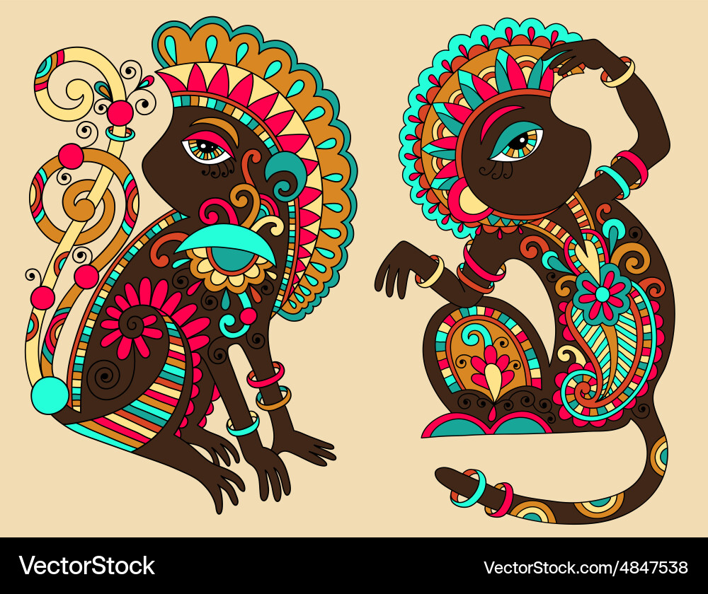 Line art drawing of two ethnic monkey Royalty Free Vector