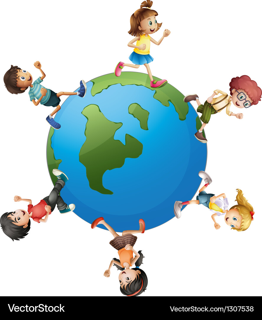 Six kids walking around planet earth Royalty Free Vector