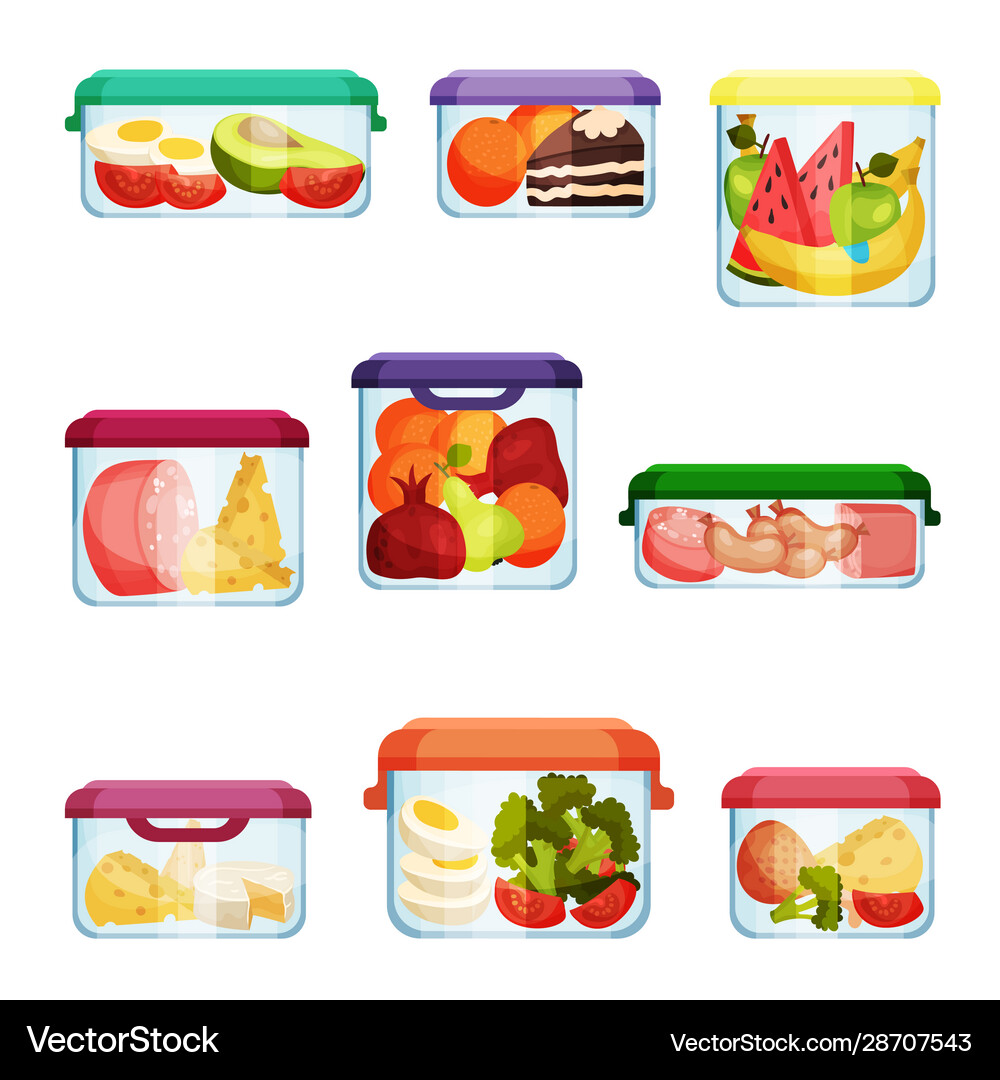 Plastic and glass containers with different food Vector Image