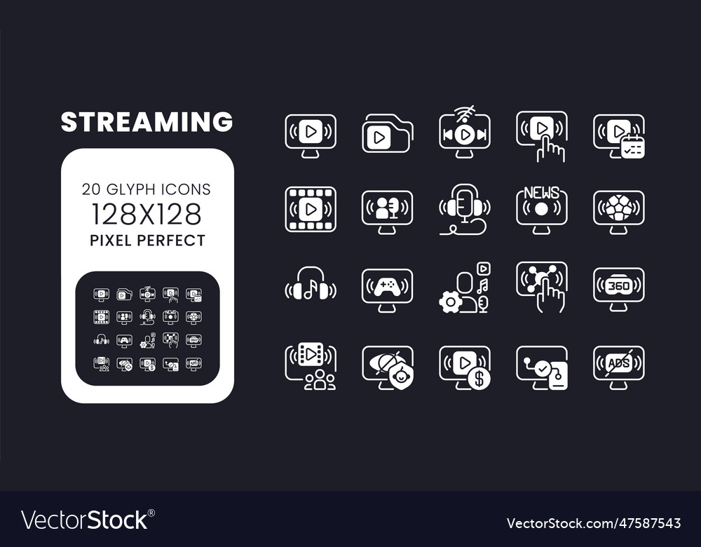 Streaming white solid desktop icons set Royalty Free Vector