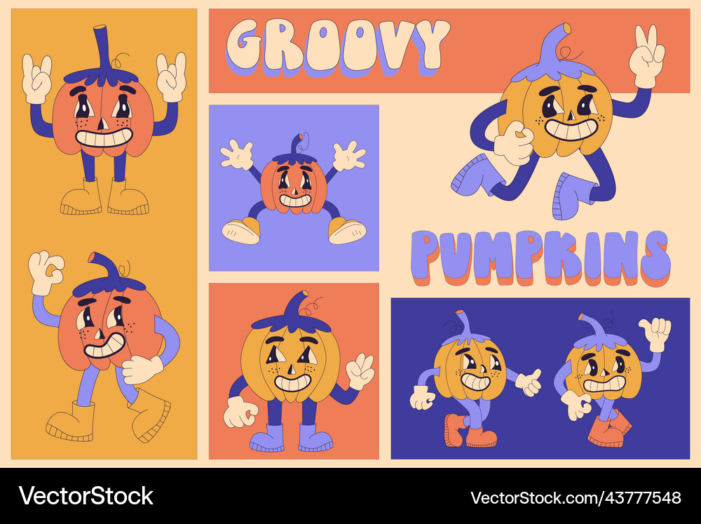 Groovy halloween pumpkins cartoon characters set Vector Image