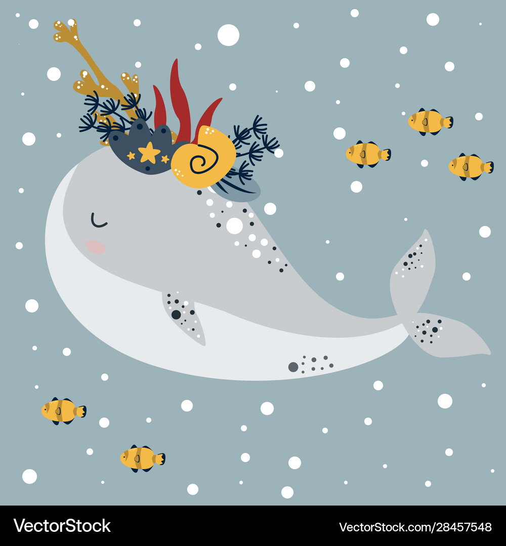 Winter poster with north whale and small fish Vector Image