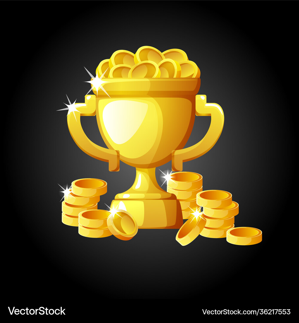 Gold cup with coins for winner Royalty Free Vector Image