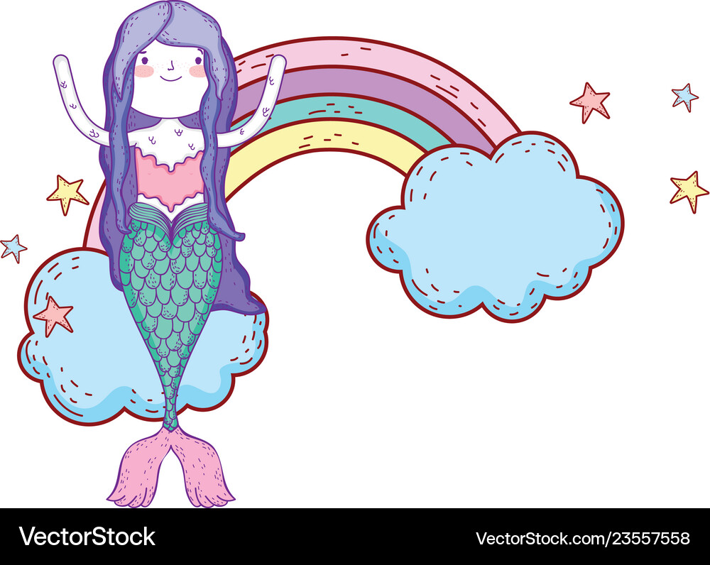 Cute mermaid with clouds and rainbow Royalty Free Vector