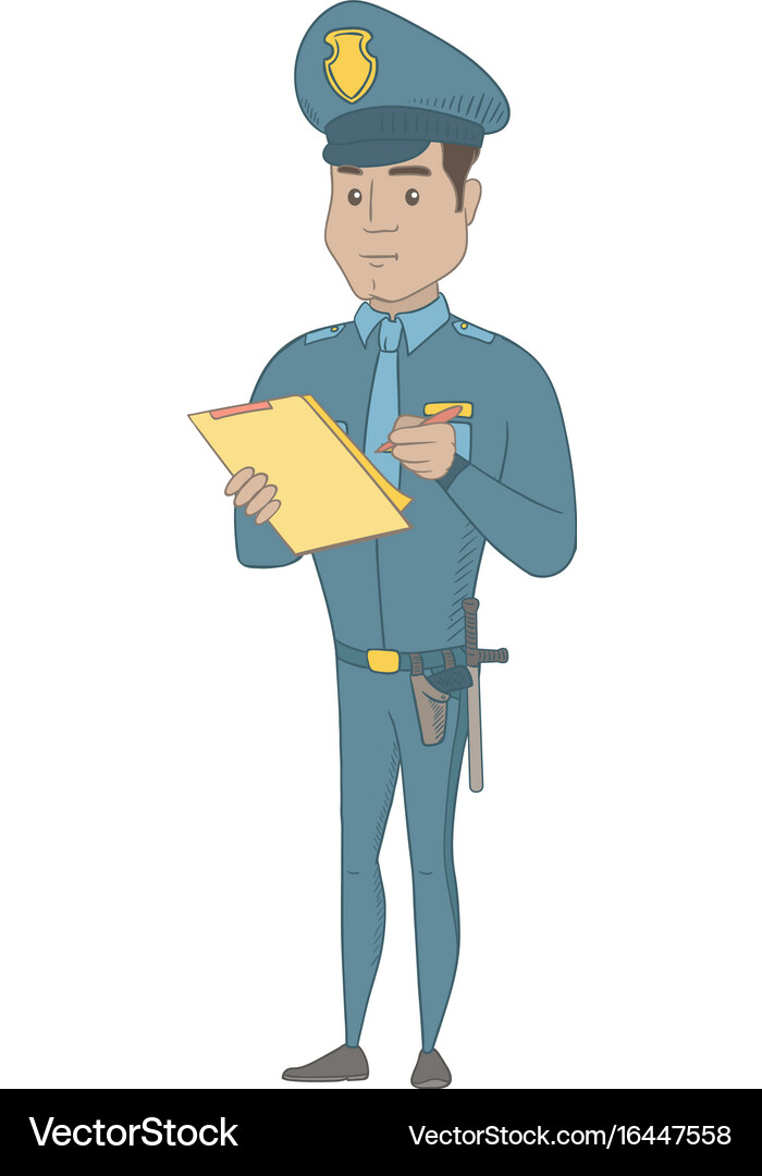 Young policeman in uniform writing on clipboard Vector Image