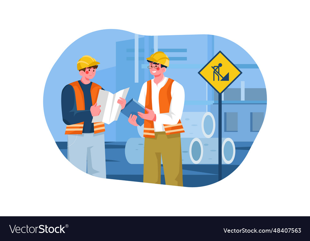 Construction workers checking building plan Vector Image
