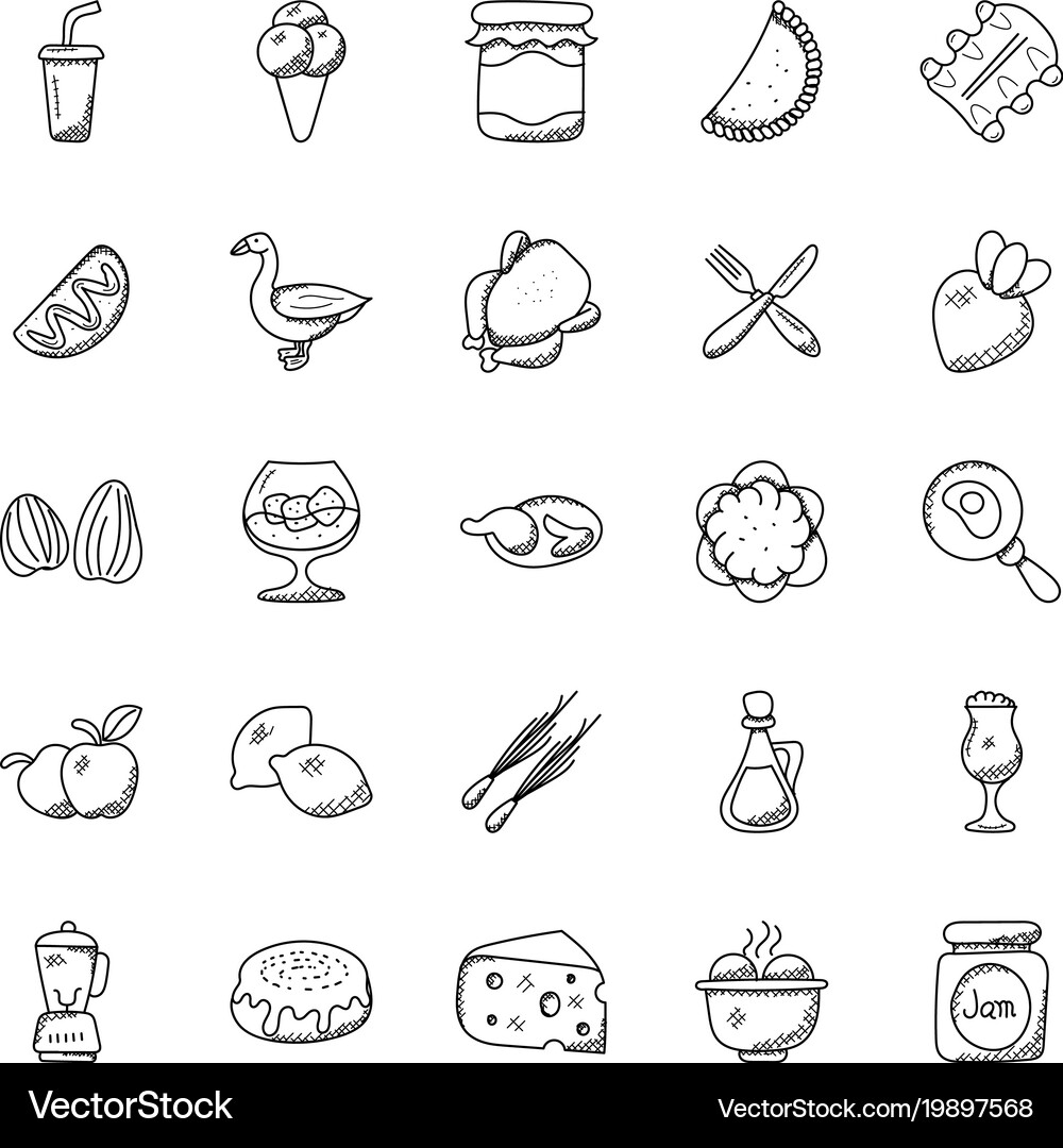 Hand drawn doodle icons food theme Royalty Free Vector Image