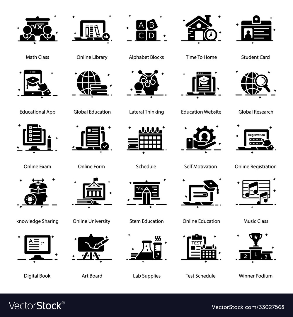 Pack e learning solid icons Royalty Free Vector Image