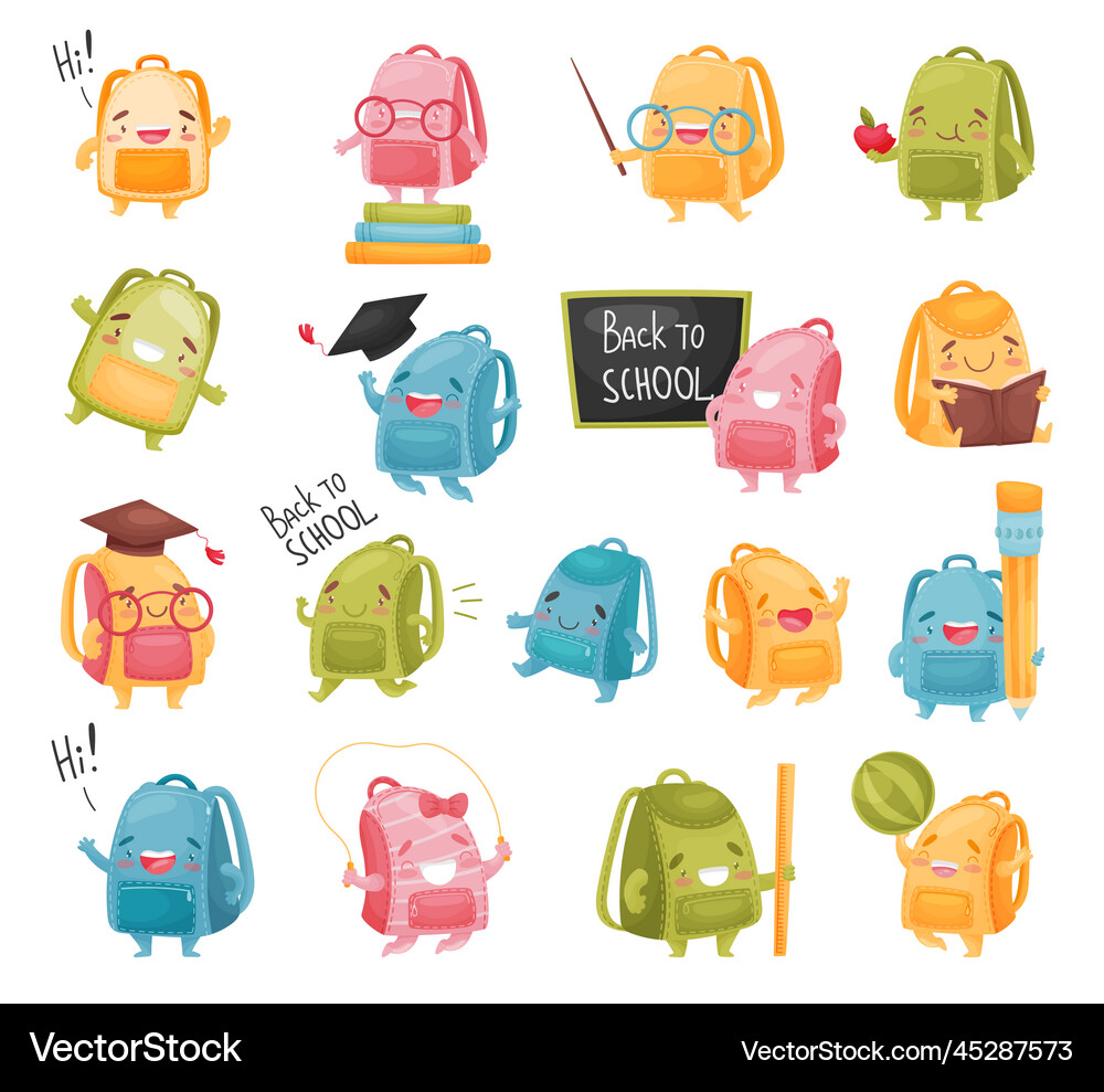 Cute funny school bag characters set backpacks Vector Image